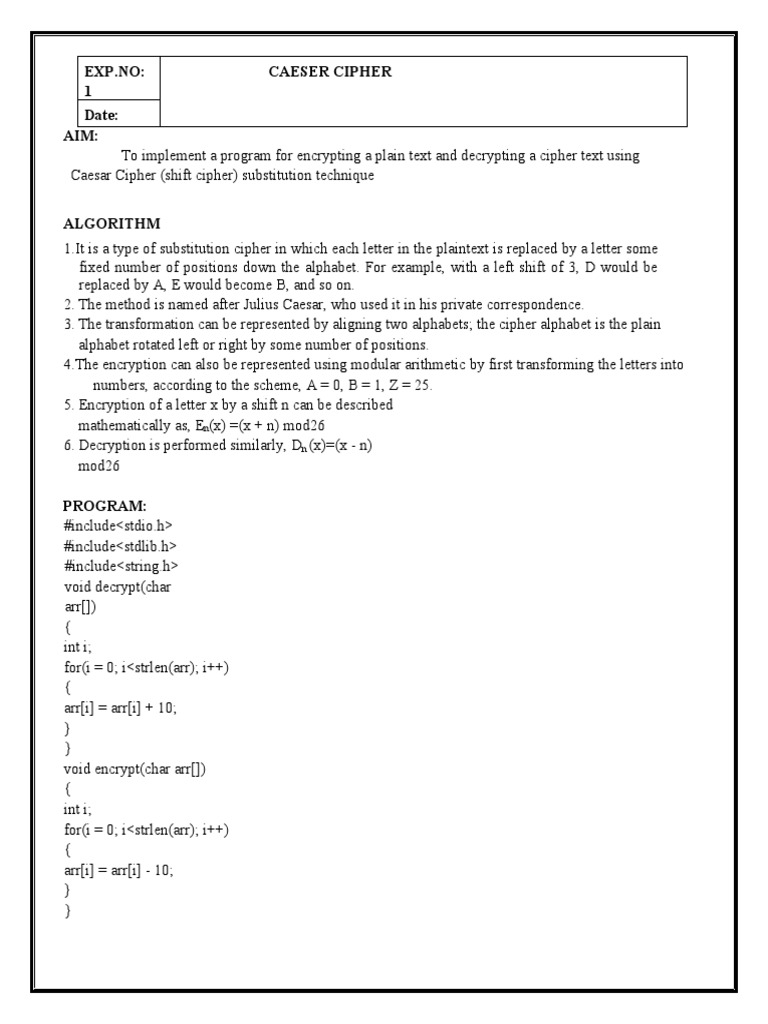 Exp - No: 1 Caeser Cipher Date: Aim | PDF | Cryptography | Key (Cryptography)