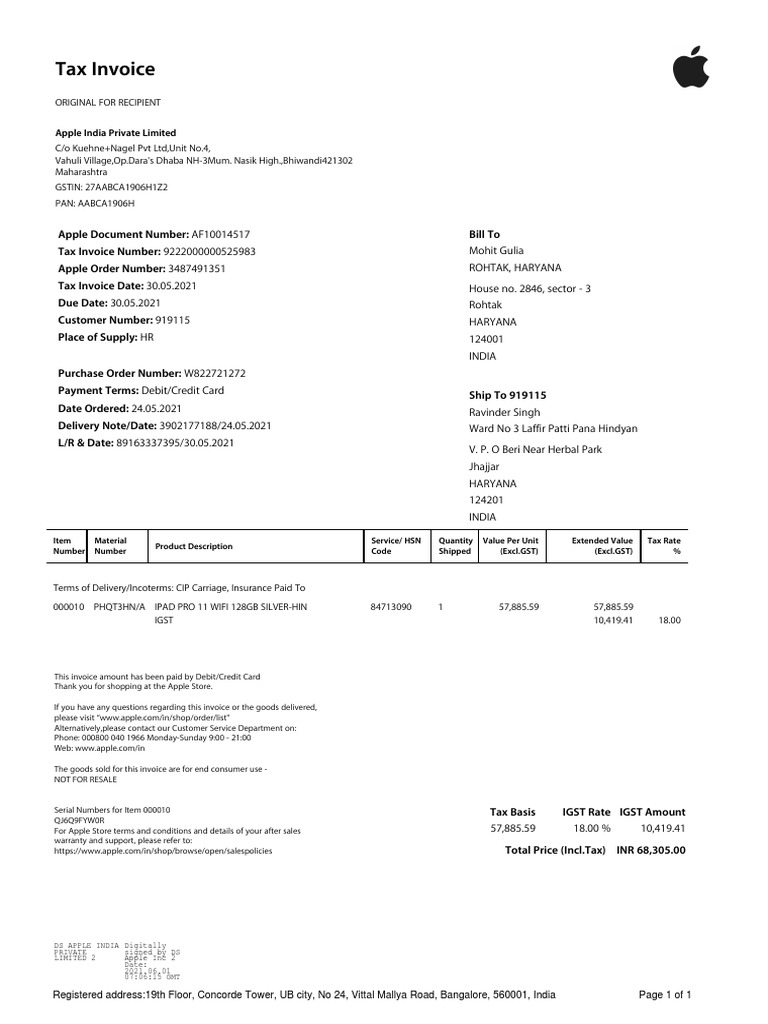 Tax Invoice: Apple India Private Limited | PDF | Invoice | Trade