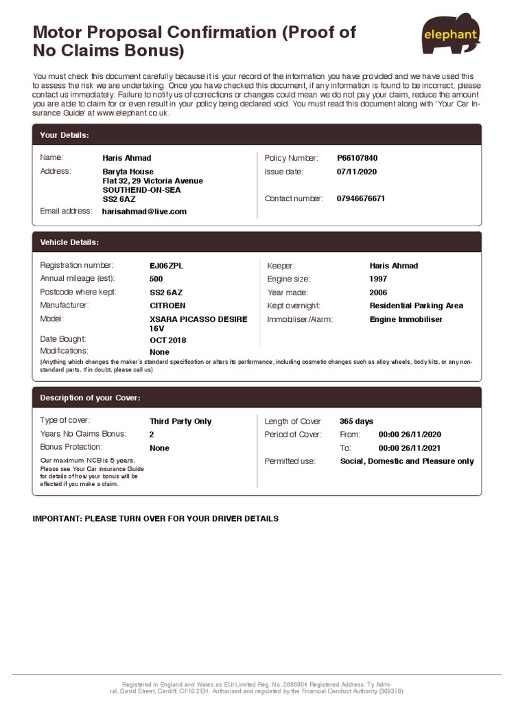 Motor Proposal Confirmation Document | PDF | Vehicle Insurance | Insurance