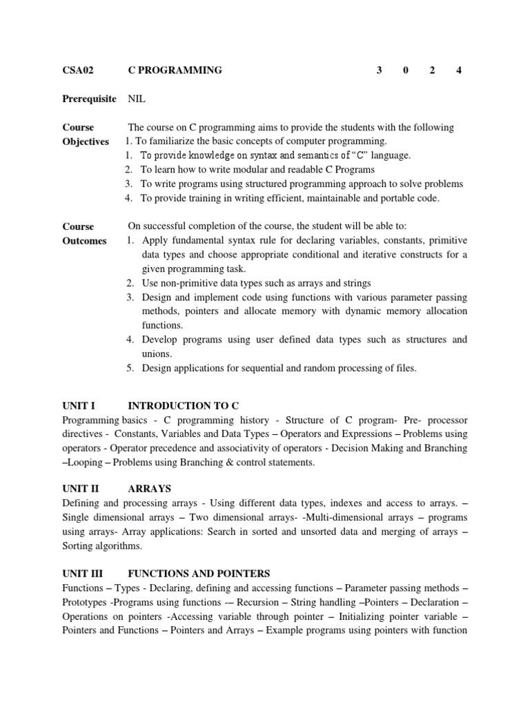 Csa02 C Programming Syllabus 20200504081112 Pdf Array Data Structure C Programming Language