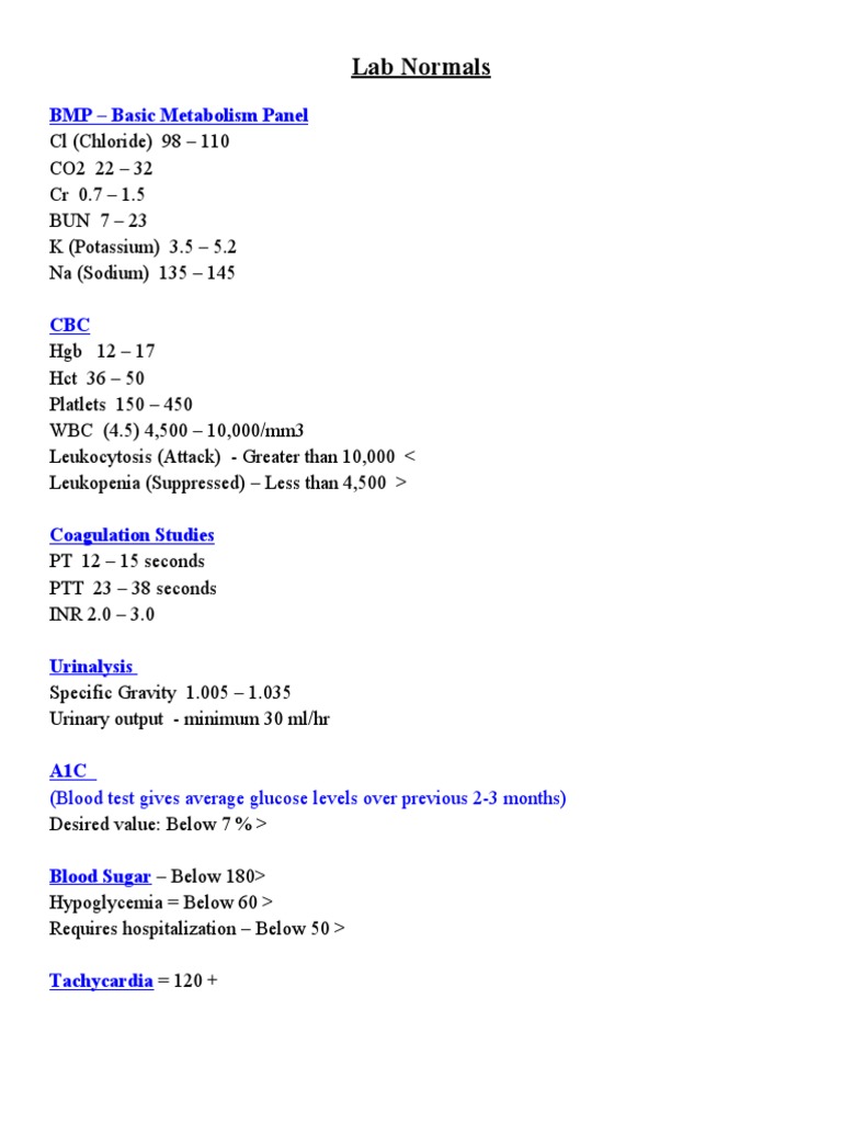 Lab Normals: BMP - Basic Metabolism Panel | PDF