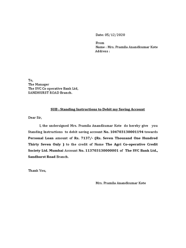 Standing Instruction SVC Bank | PDF | Financial Services | Corporations