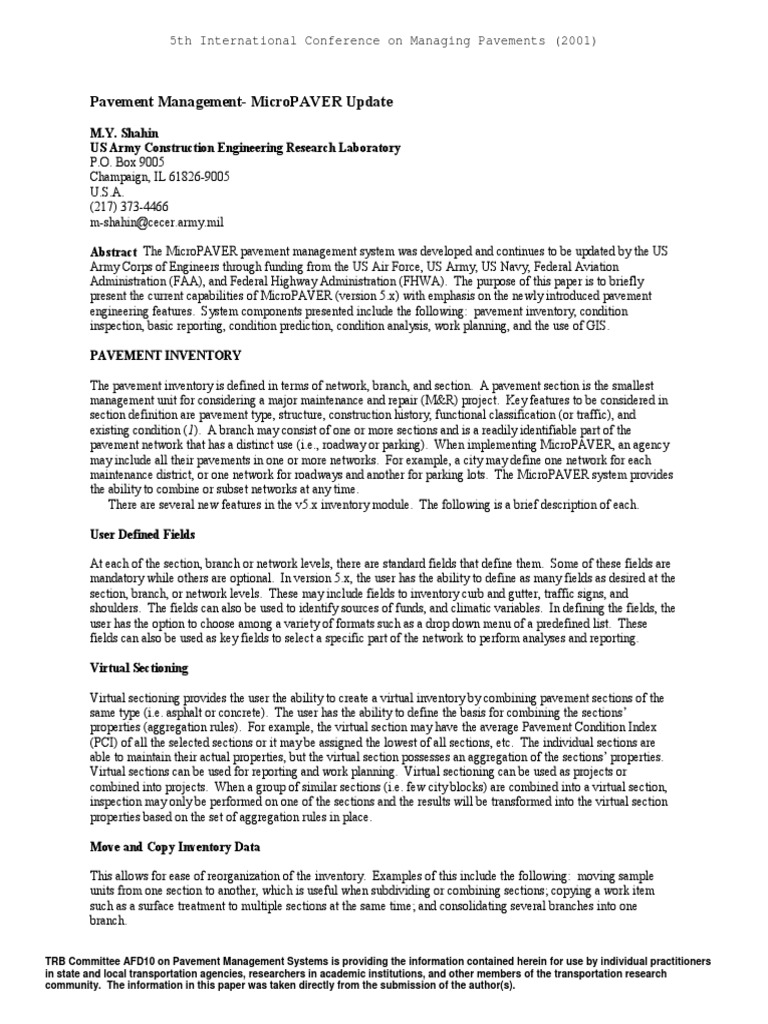 Pavement Management-Micropaver Update: 5Th International Conference On ...