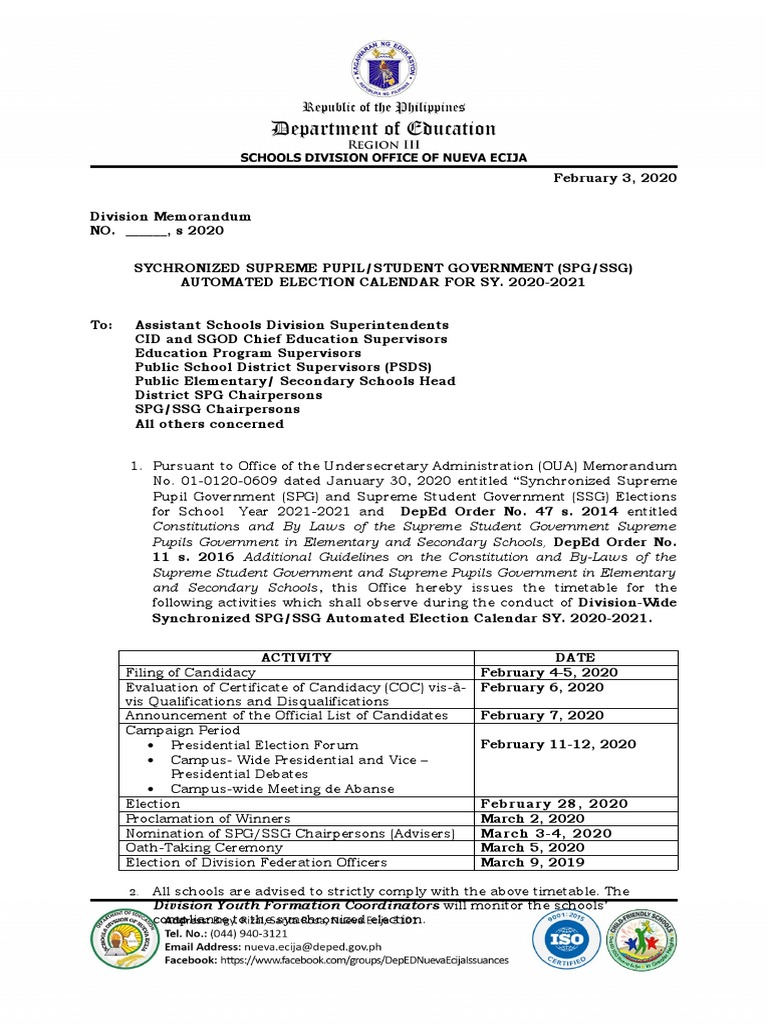 SPG SSG Election Memo Sy2020 2021 | PDF | Presidents Of The United ...