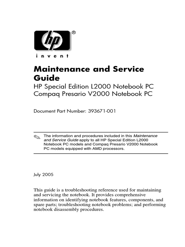HP Special Edition l2000 Compaq Presario v2000 | PDF | Laptop | Menu ...