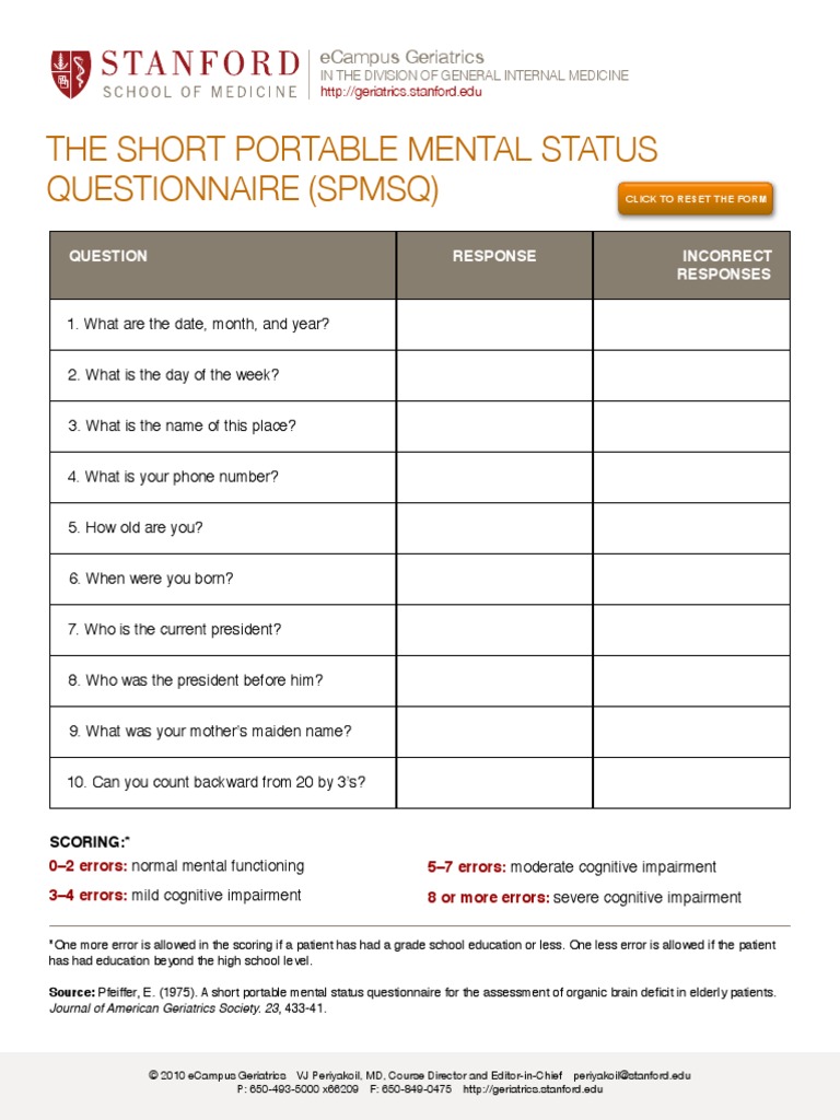 The Short Portable Mental Status Questionnaire (SPMSQ) : Ecampus ...