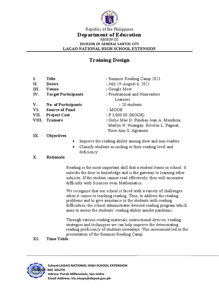 Training Design For Summer Reading 2021 | PDF | Educational Psychology ...