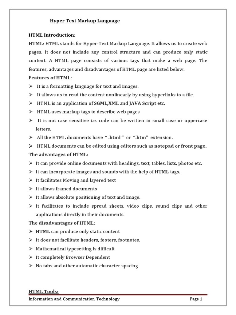 HTML: HTML Stands For Hyper-Text Markup Language. It Allows Us To Create Web | Download Free PDF ...