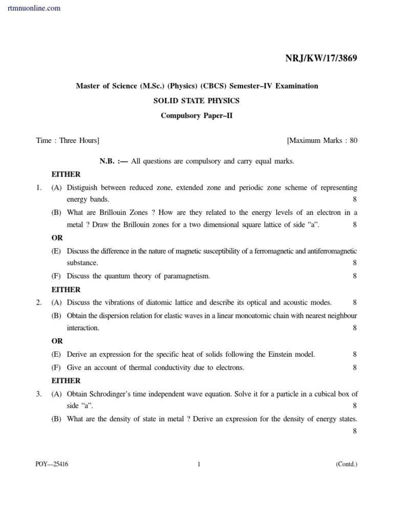 Master of Science (M.SC.) (Physics) (CBCS) Semester-IV Examination Solid State Physics ...