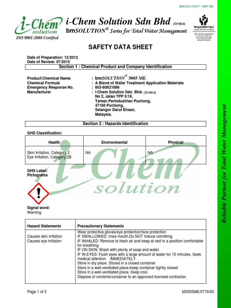 3005 Me Sds (GHS) - I-Chem | PDF | Personal Protective Equipment | Water