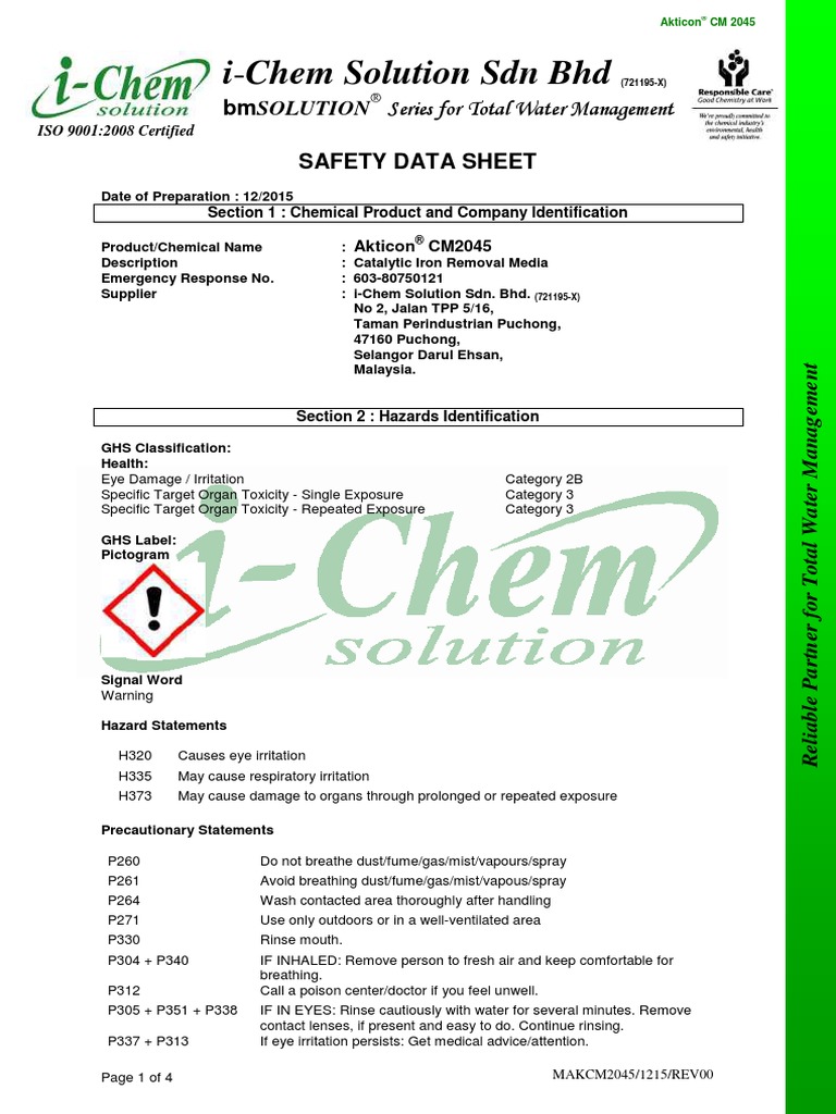 I-Chem Solution SDN BHD: Bmsolution Safety Data Sheet | PDF | Safety ...