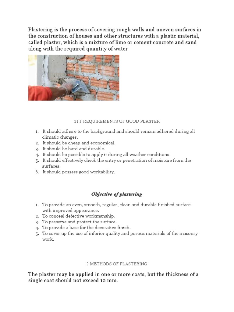 Objective of Plastering: 21.1 Requirements of Good Plaster | PDF | Plaster | Lime (Material)