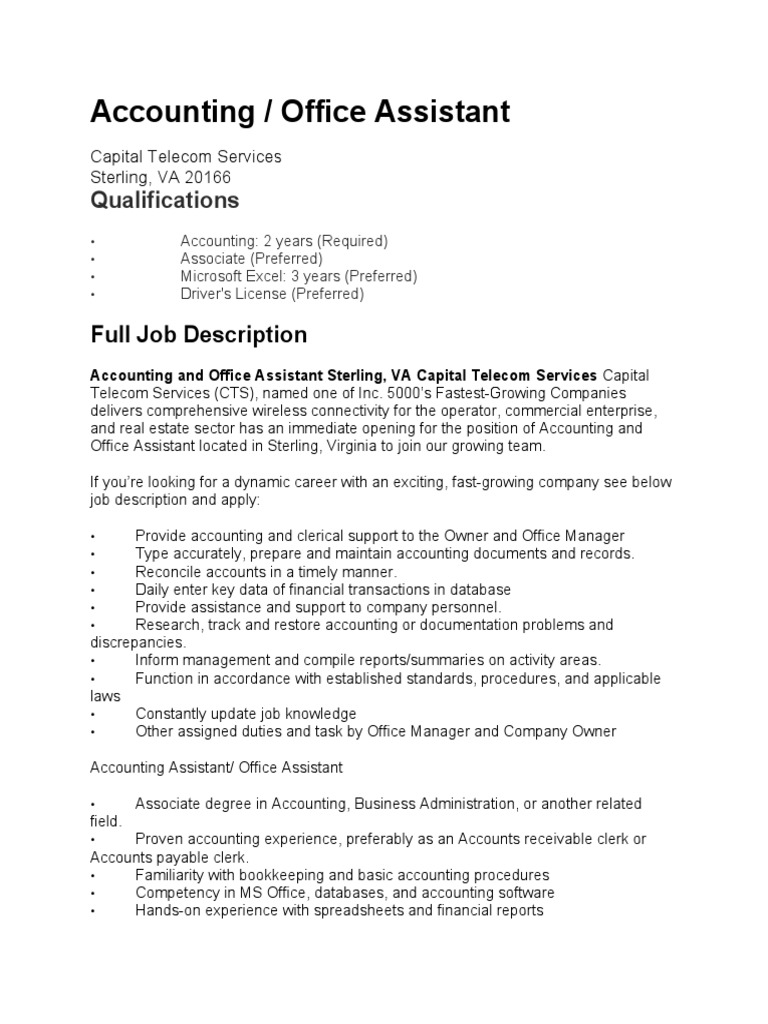 Accounting Office Assistant CTS Job Description | Download Free PDF ...