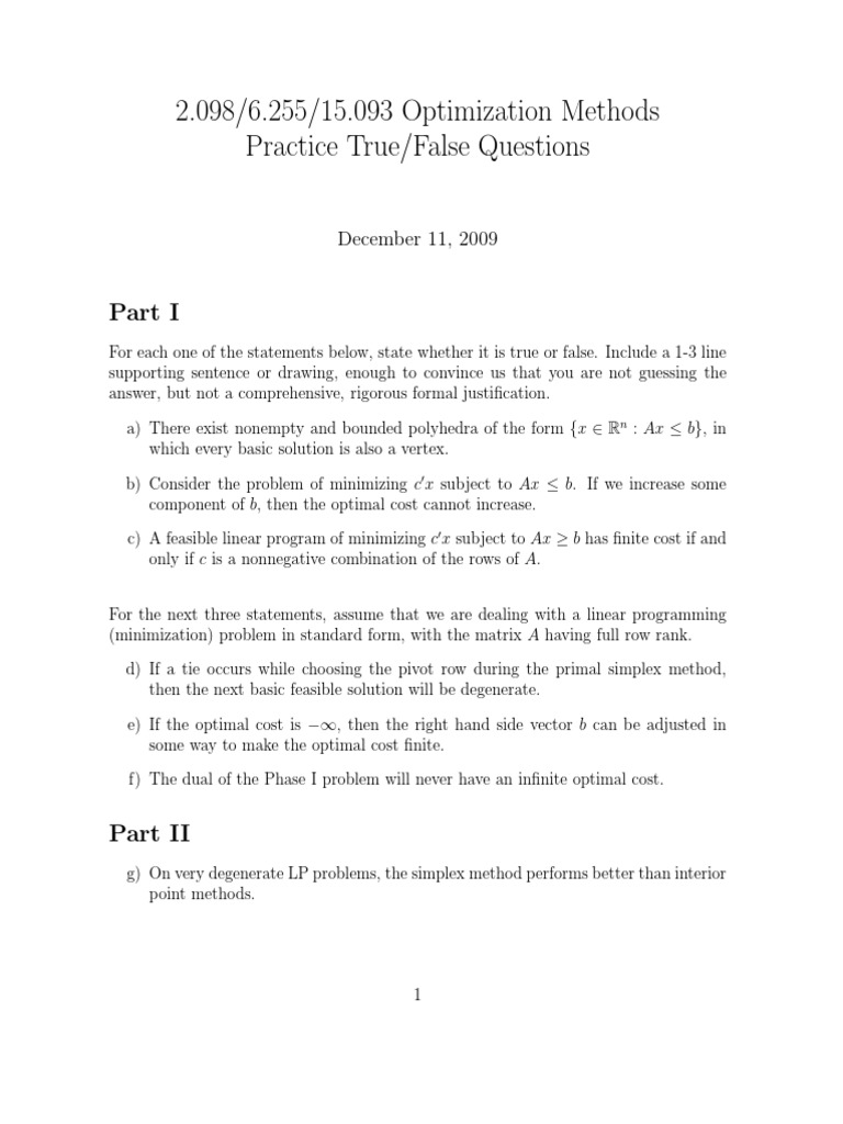 Optimization Methods Practice Questions: Analyzing True/False ...