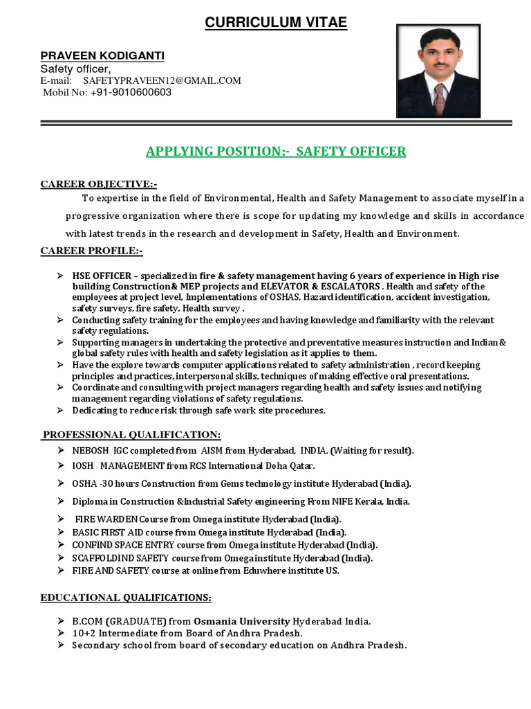 Applying Position:-Safety Officer: Curriculum Vitae | PDF ...