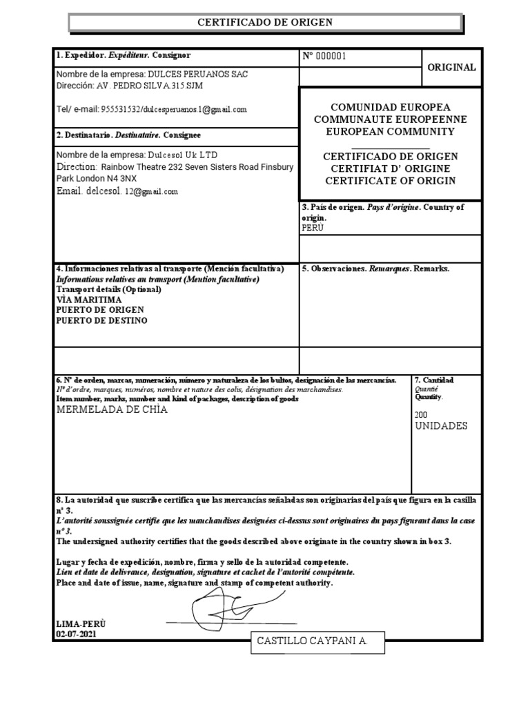 Certificado de Origen | PDF