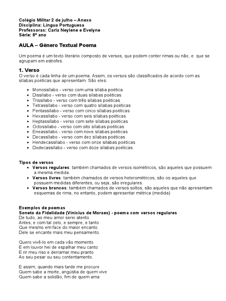 Aula - Gênero Textual Poema - 8º Ano | PDF | Métrica (poesia) | Forma ...