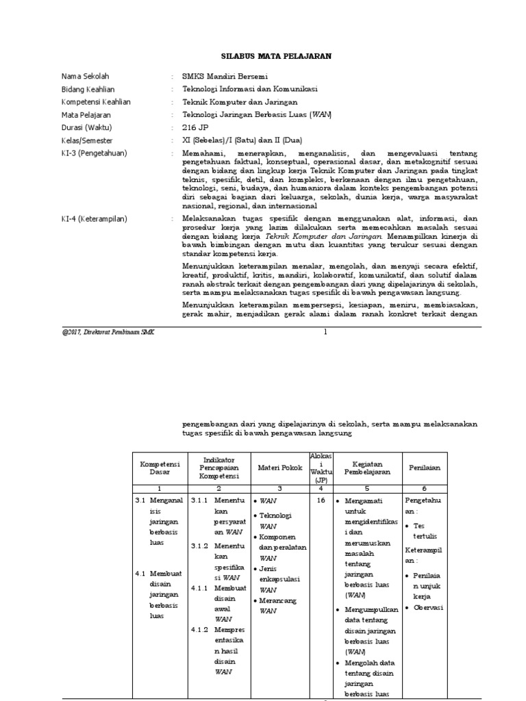 Silabus Teknologi WAN Kelas XI TKJ | PDF