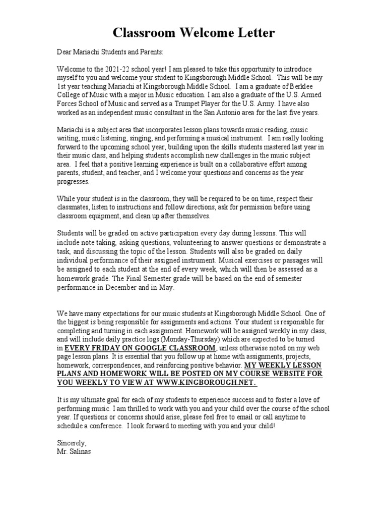 Classroom Welcome Letter | Download Free PDF | Lesson Plan | Education ...