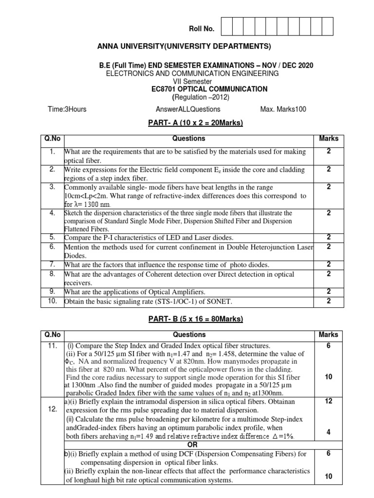 Optical Communication Exam Questions | PDF | Laser | Laser Diode