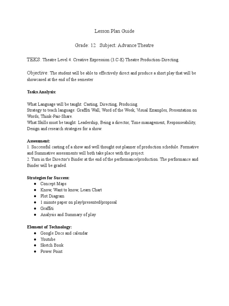 Lesson Plan Guide Grade: 12 Subject: Advance Theatre Teks: Objective ...