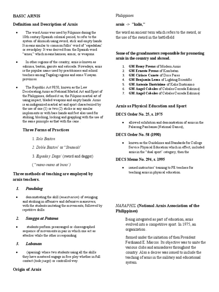 Basic Arnis Definition and Description of Arnis | Download Free PDF ...