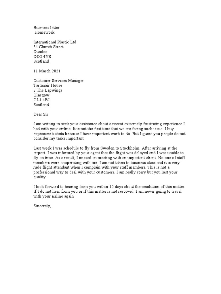 Complaint Letter to Airline Management | PDF | Business