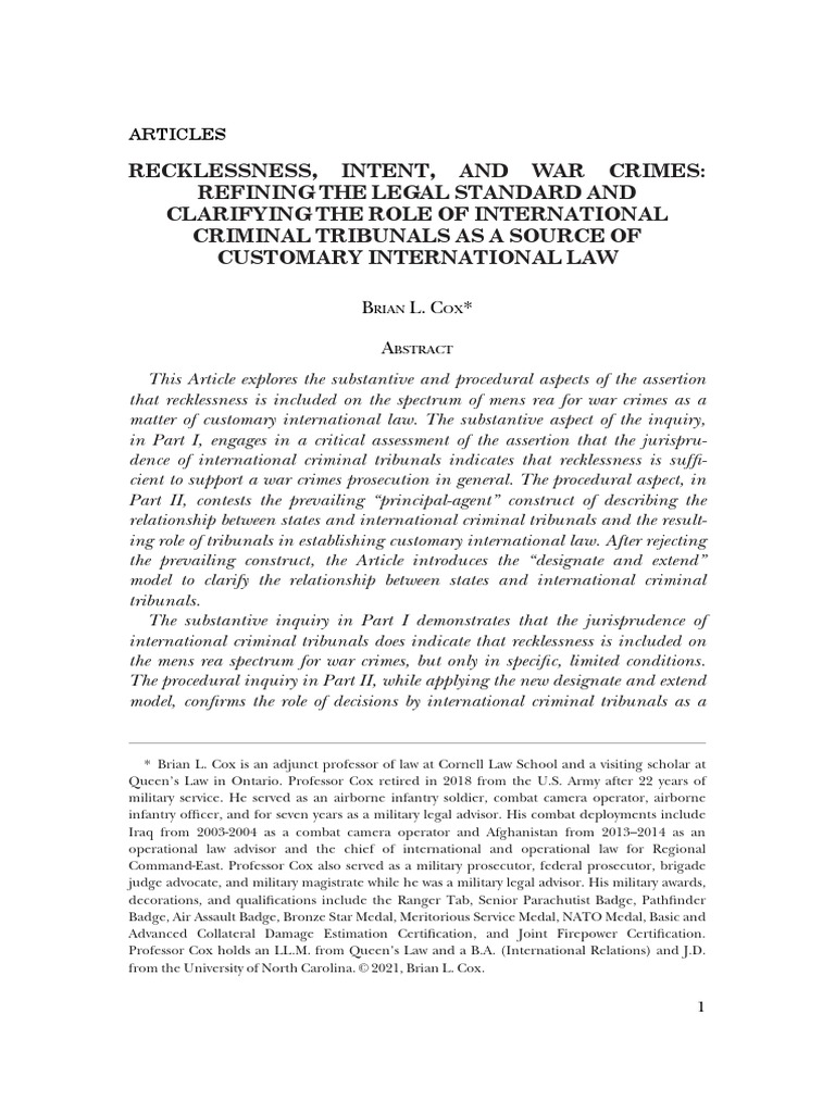 Recklessness Intent and War Crimes | PDF | Intention (Criminal Law ...