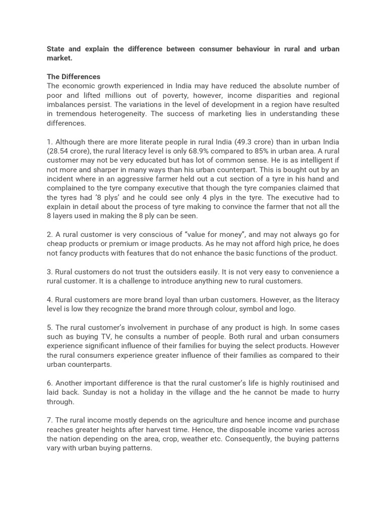 State and Explain The Difference Between Consumer Behaviour in Rural ...