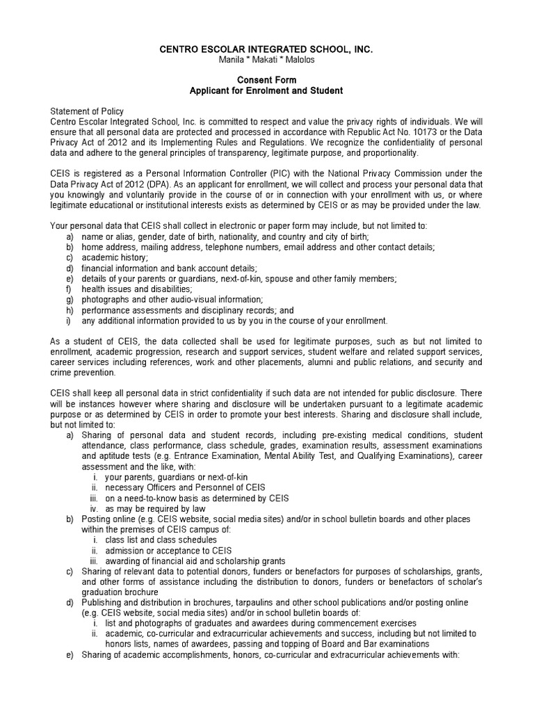 CEIS Enrollment Consent Form | PDF | Consent | Privacy