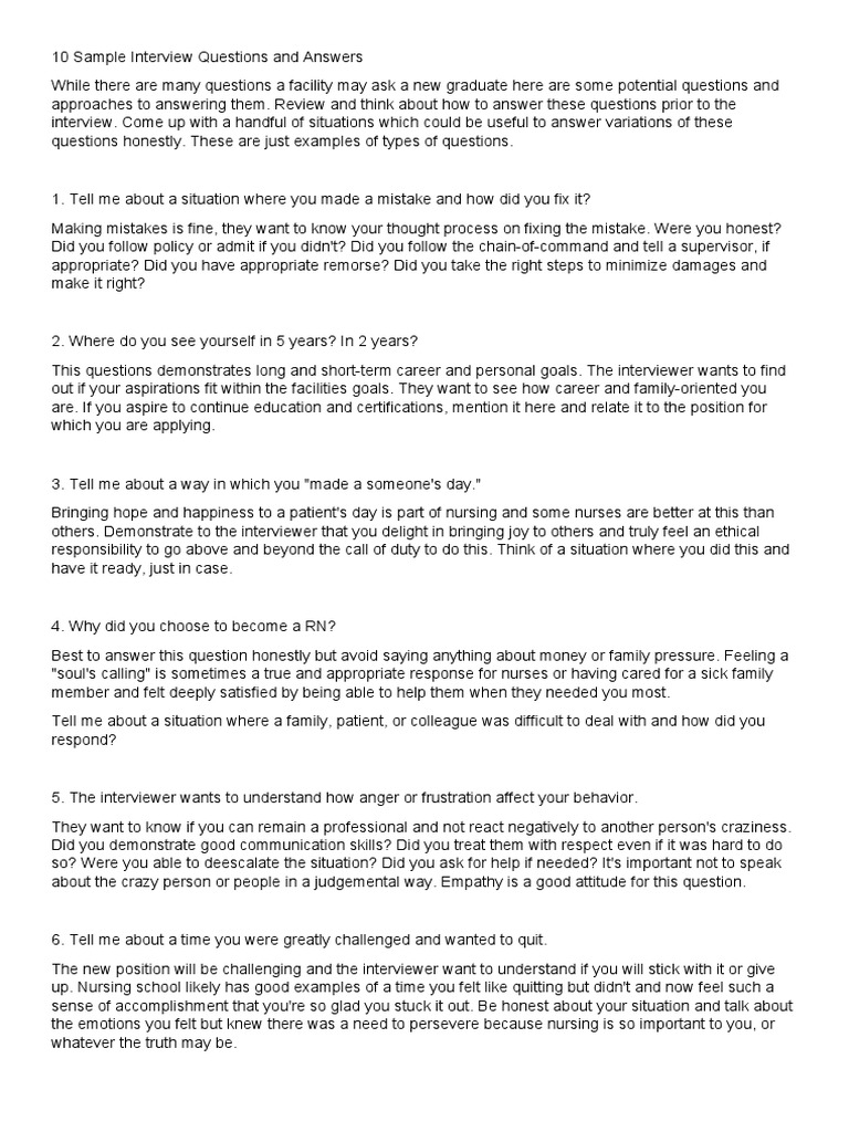 10 Sample Interview Questions and Answers | PDF | Empathy | Nursing