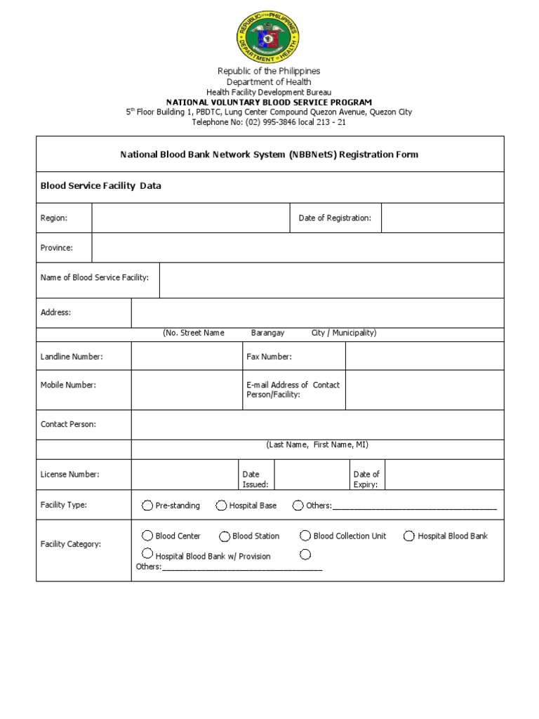 National Blood Bank Network System (Nbbnets) Registration Form Blood ...