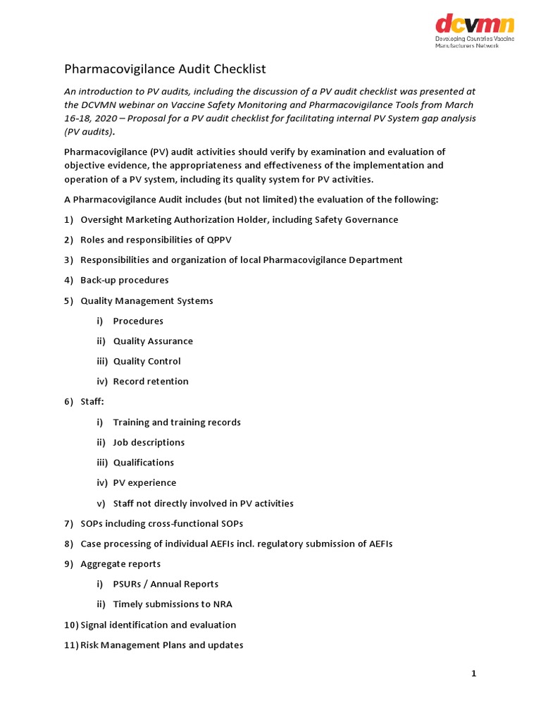 Pharmacovigilance Audit Checklist Overview | PDF | Business ...