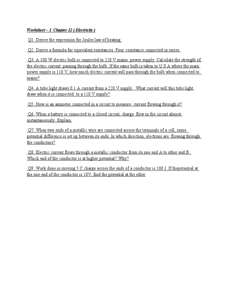 Q1. Derive The Expression For Joules Law of Heating.: Worksheet - 1 ...