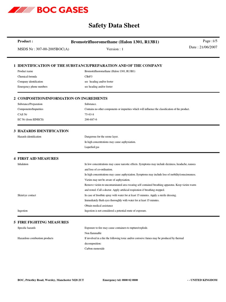 Safety Data Sheet: Bromotrifluoromethane (Halon 1301, R13B1) | PDF ...