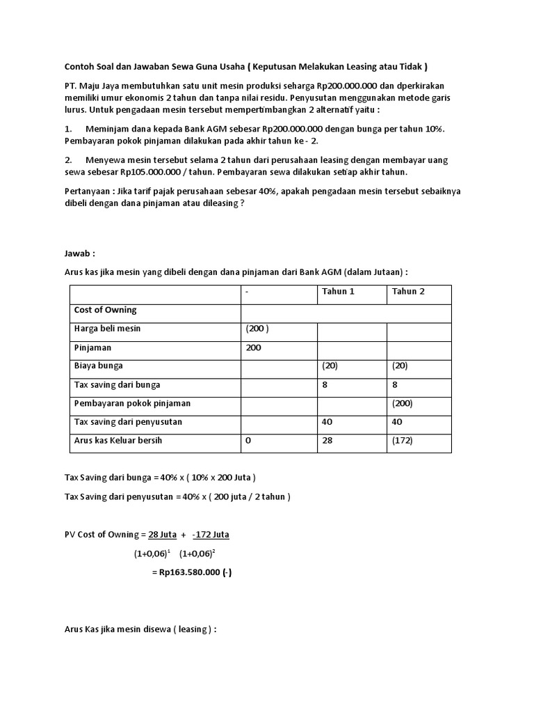 Contoh Soal Dan Jawaban Sewa Guna Usaha (Keputusan Melakukan Leasing ...