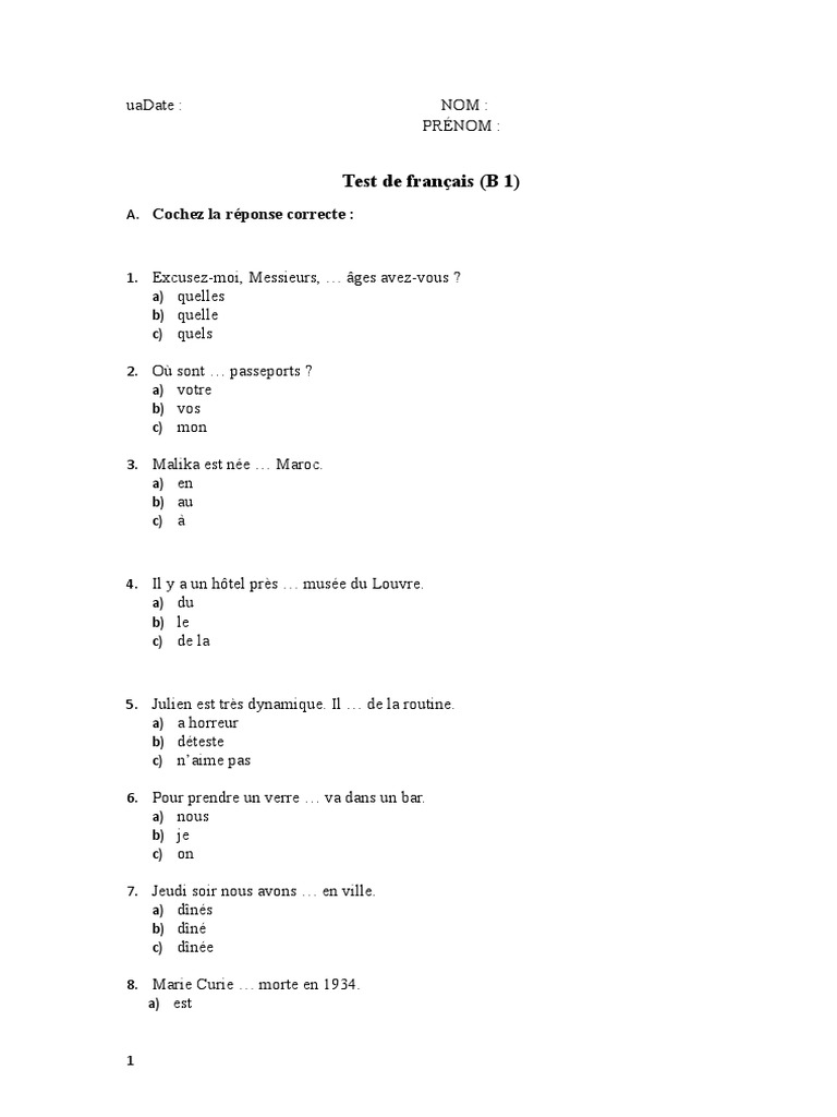 Test de français B1 gratuit avec correction | PDF | Échecs | Jeux et ...