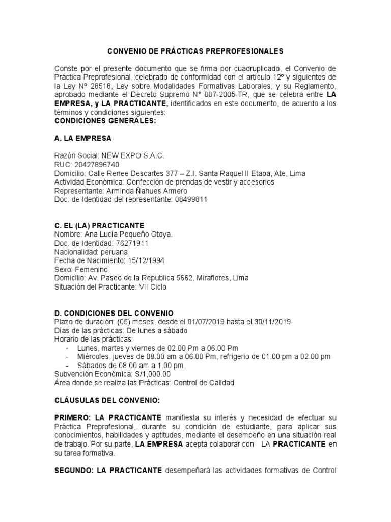 Convenio de Practicas Pre Profesionales | PDF | Empresas | Business