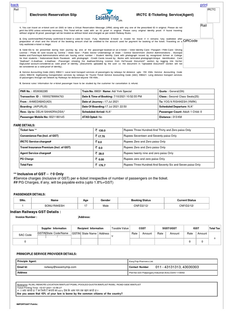 Electronic Reservation Slip IRCTC E-Ticketing Service (Agent) | PDF ...