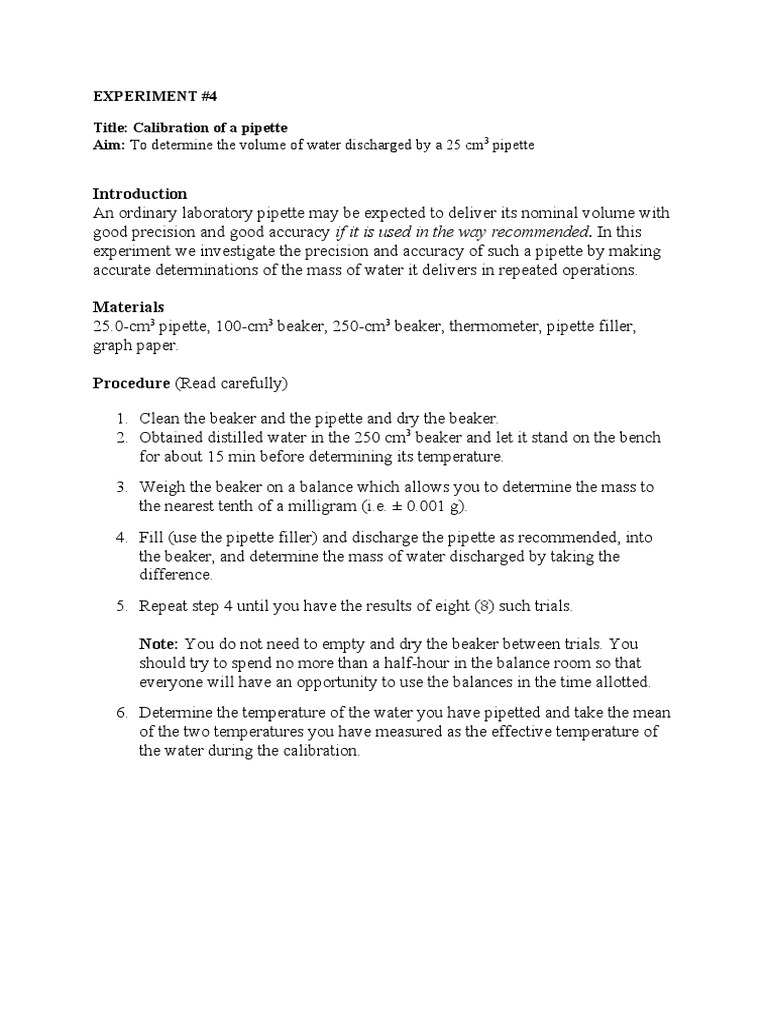 Pipette Calibration Experiment Report | PDF | Mean | Standard Deviation