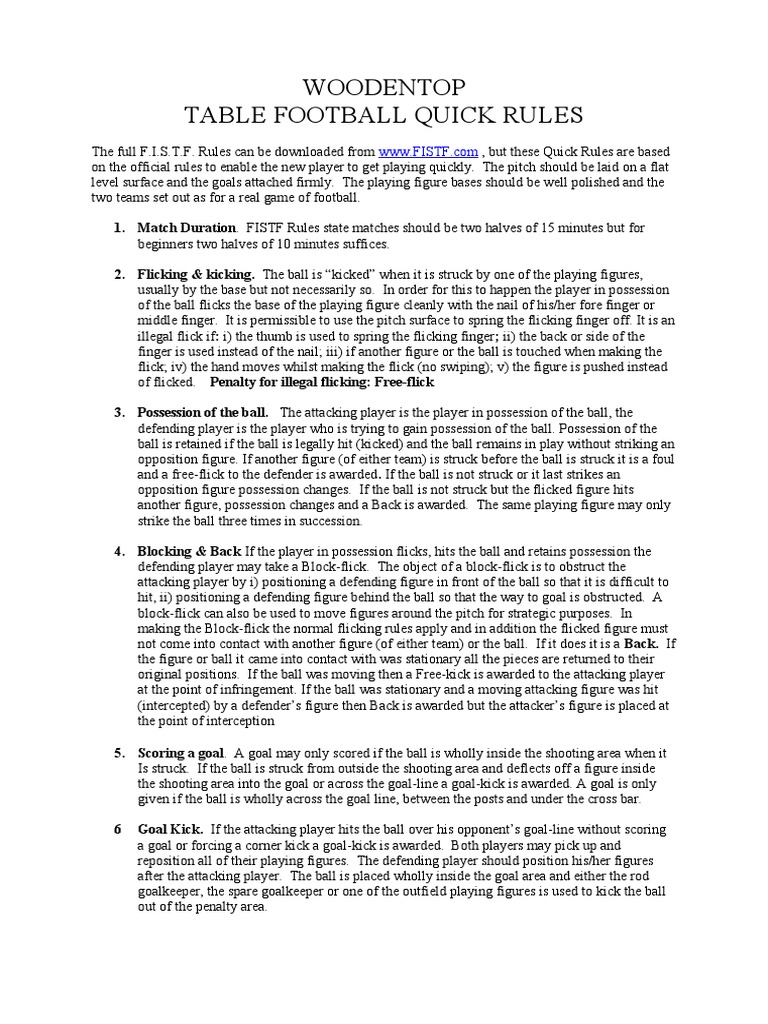 Woodentop Table Football Quick Rules | PDF | Association Football ...