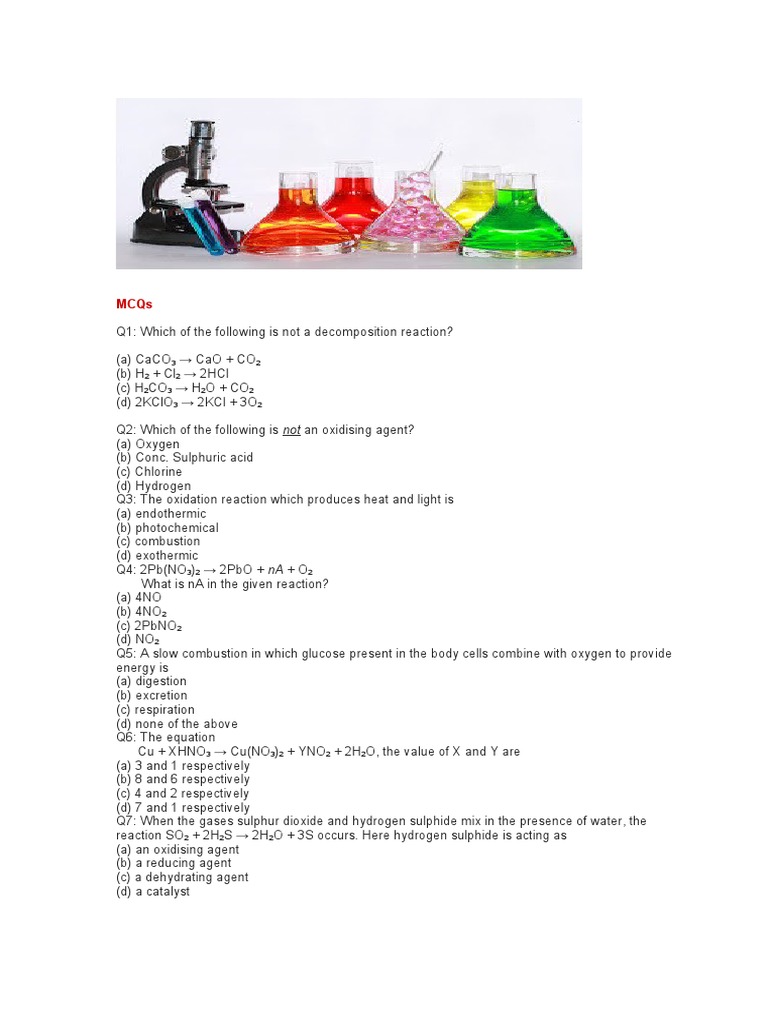 Class X Chemical Reaction and Equation MCQS | PDF | Redox | Oxide