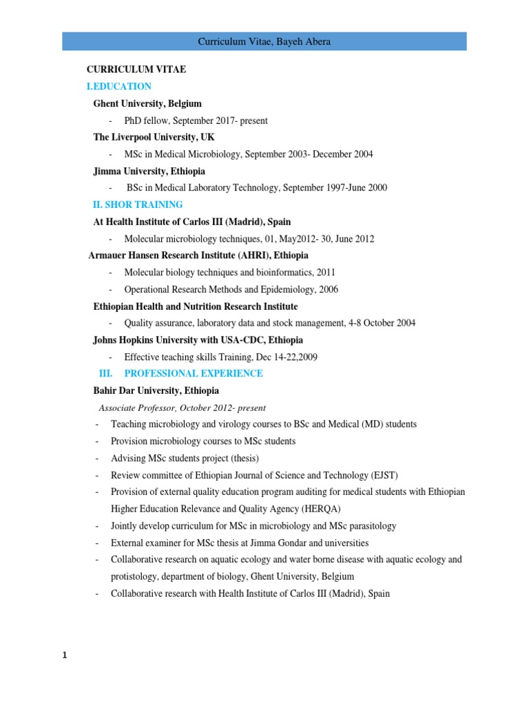 I. Education: Curriculum Vitae, Bayeh Abera | PDF | Medical Microbiology | Microbiology
