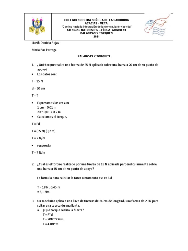 Taller Torques | PDF | Cantidades fisicas | Mecanica clasica