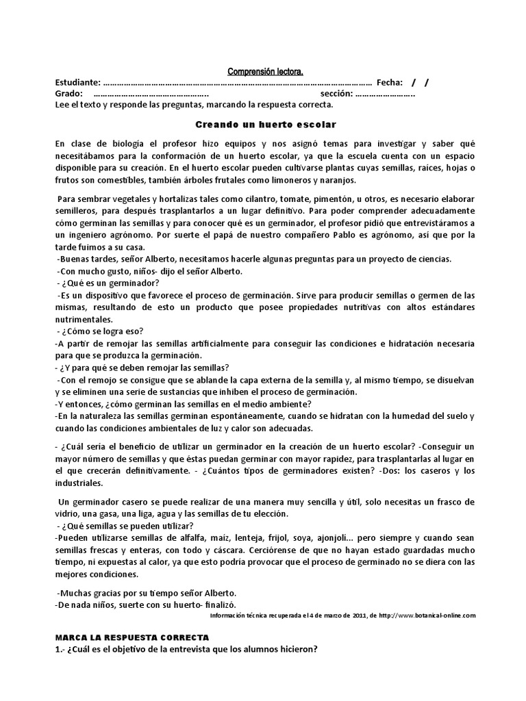 Comprensión Lectora - Mes Junio, Nivel VI | PDF | Semilla | Germinación