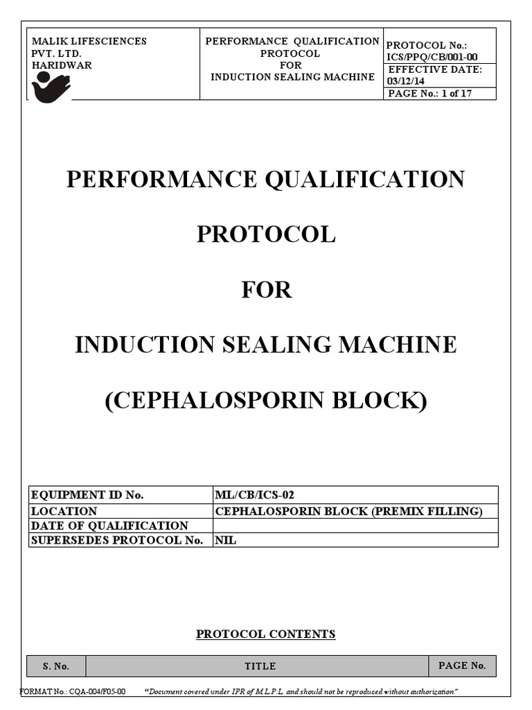 Performance Qualification Protocol FOR Induction Sealing Machine ...
