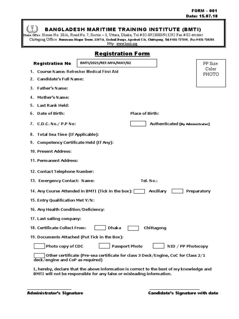 Registration Form: Bangladesh Maritime Training Institute (Bmti) | PDF | Computing And ...