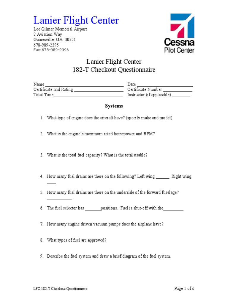 Lanier Flight Center 182-T Checkout Questionnaire | Download Free PDF ...