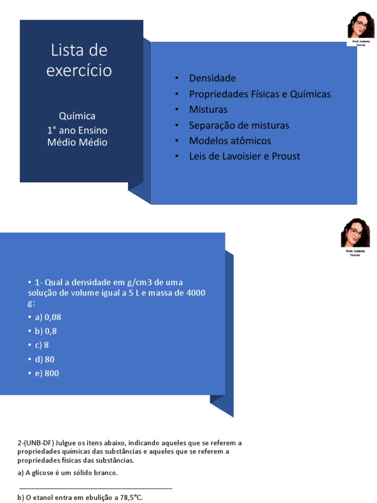 Lista de Exercicio Química 1 Ano | PDF | Mistura | Átomos