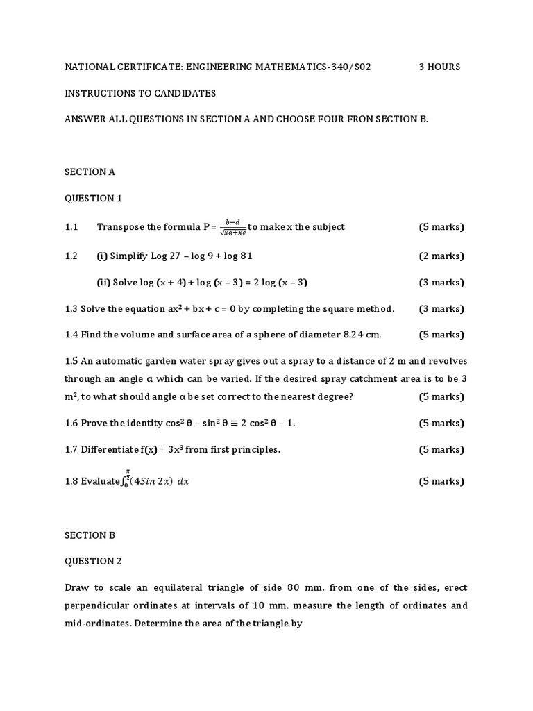 Engineering Mathematics Exam Paper | PDF | Area | Quadratic Equation